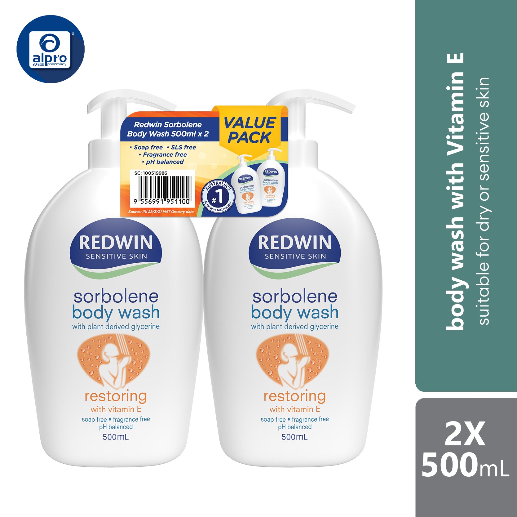 Redwin Body Wash 500ml 2s | Suitable for Dry & Sensitive Skin - Alpro