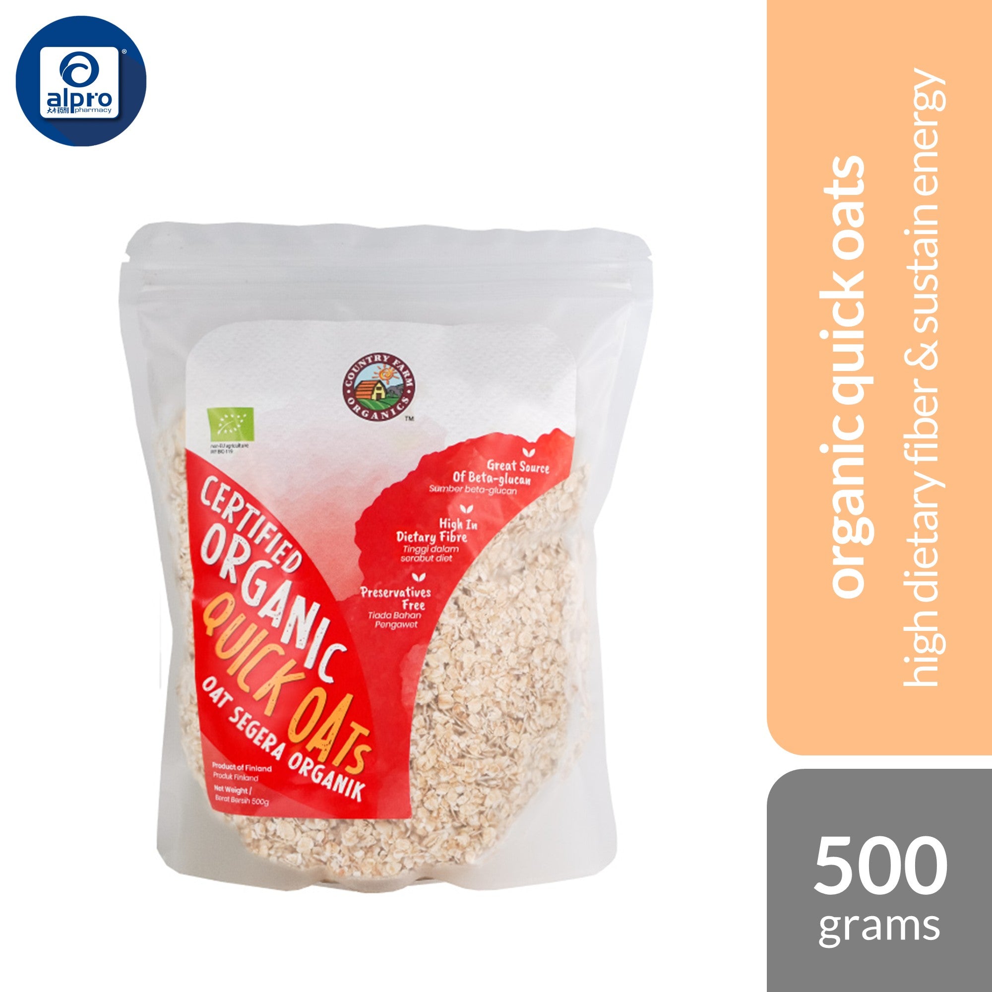 Country Farm Organics Oats (Quick) Finland 500g | High Dietary Fiber