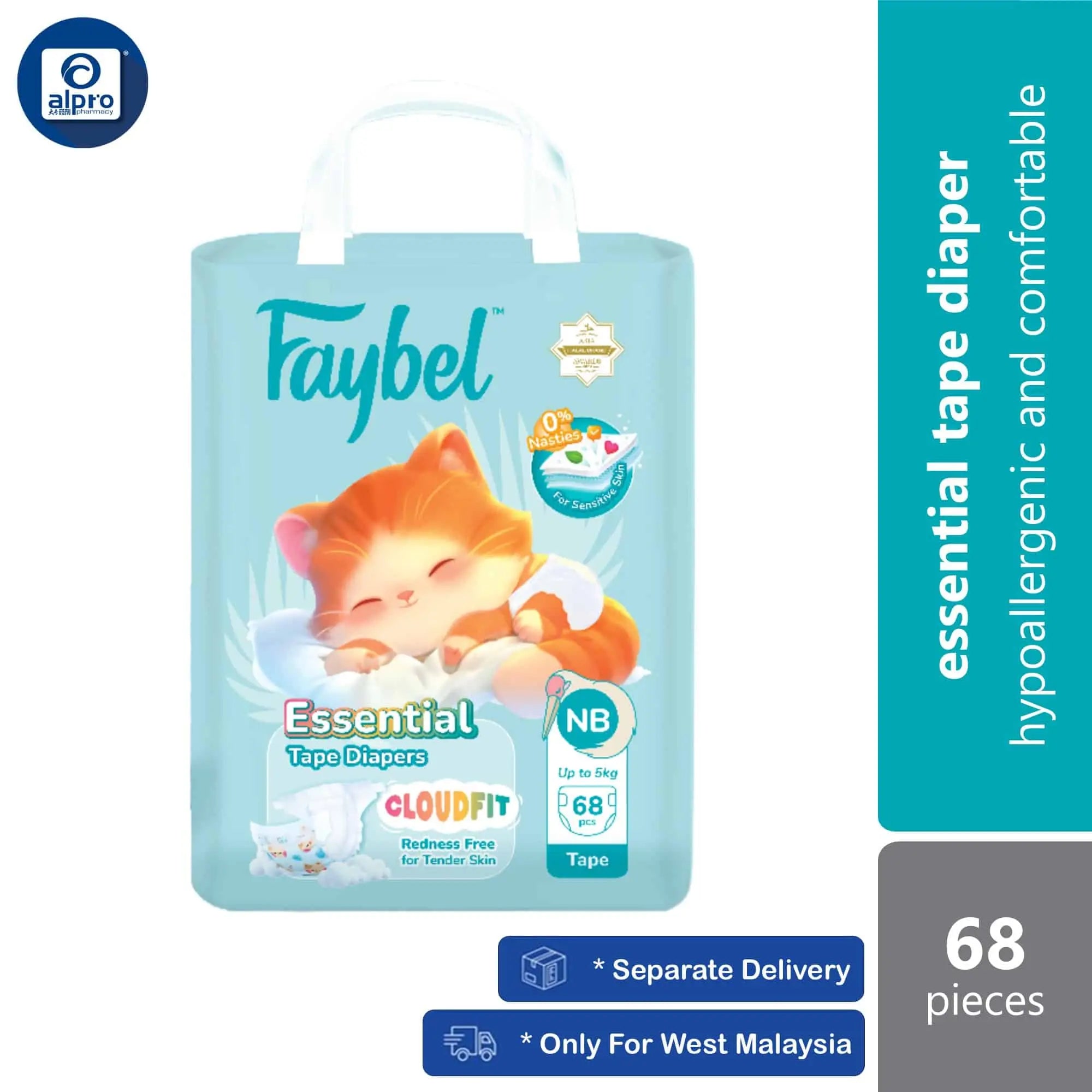 Faybel Essential Tape Diapers (Newborn) 68s | Hypoallergenic and