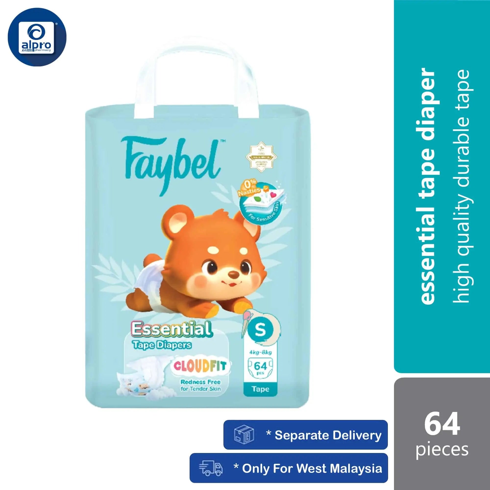Faybel Essential Tape Diapers (Size S) 64s | High Quality Durable Tape