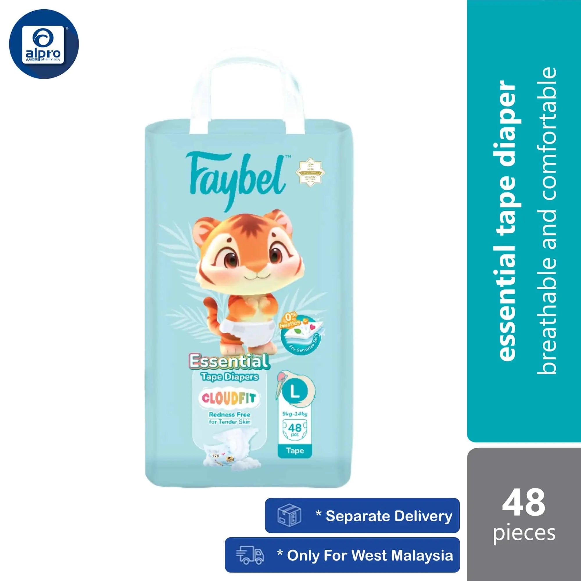 Faybel Essential Tape Diapers (Size L) 48s | Breathable and