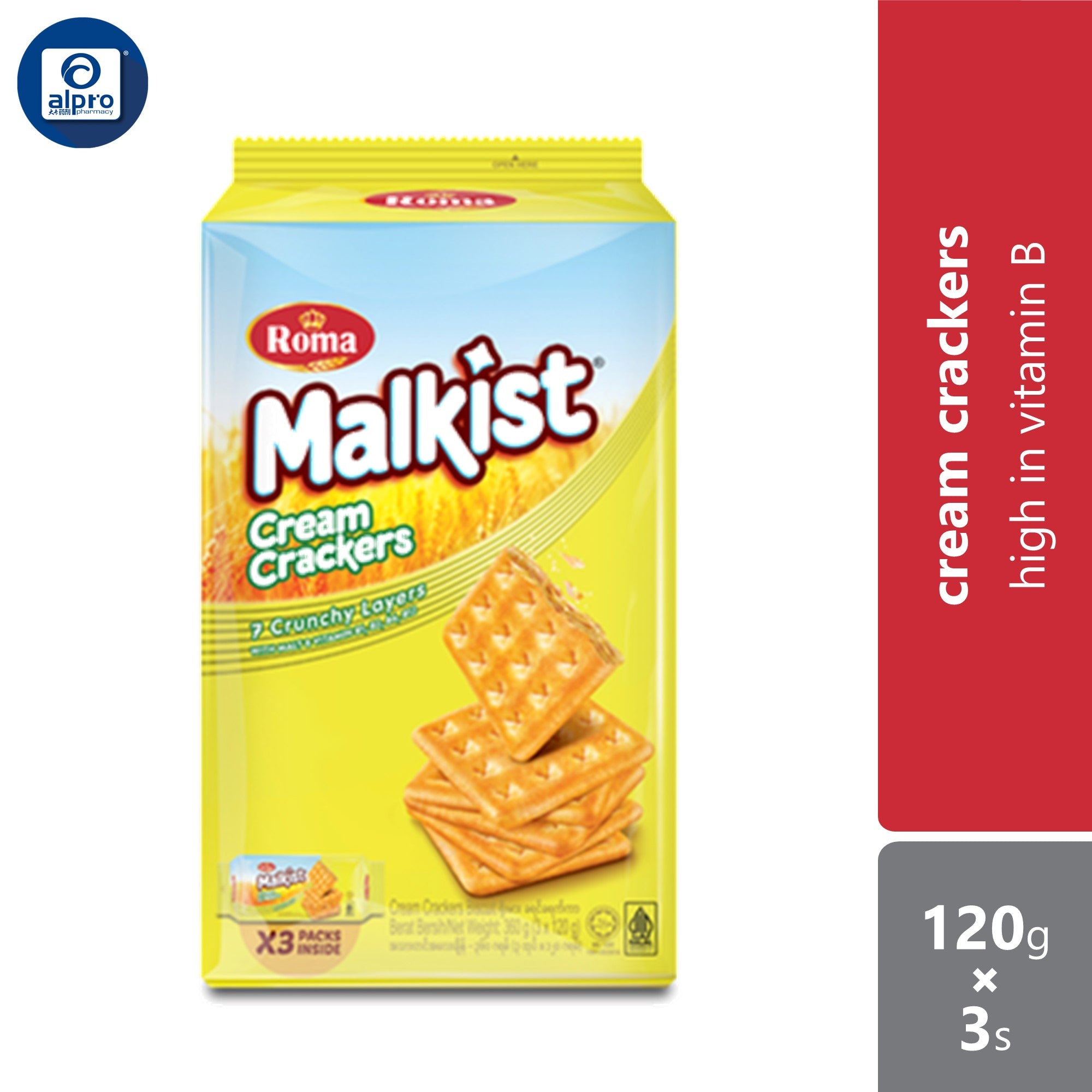 Roma Malkist Cream Crackers 120g ×3s | High in Vitamin B - Alpro