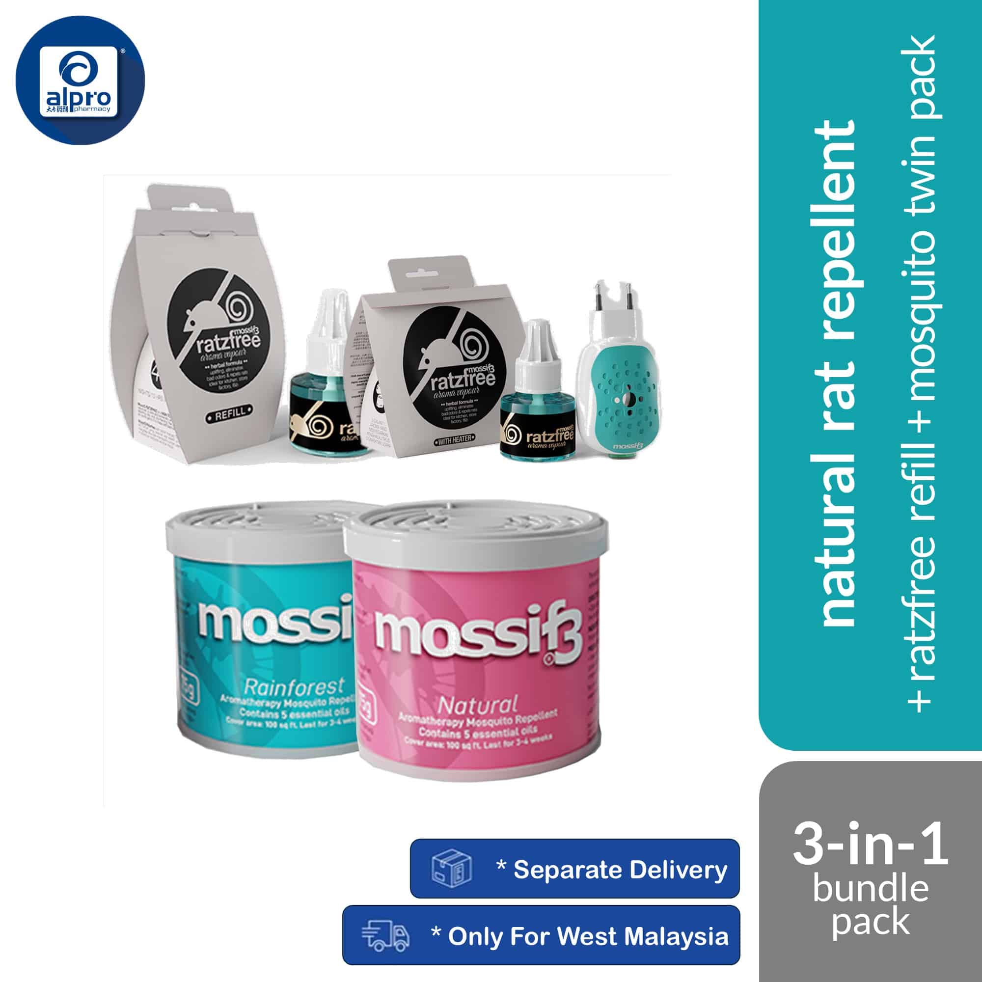Mossif3 Ratzfree 48 With Heater + Ratzfree Refill + Twin Pack Mosquito