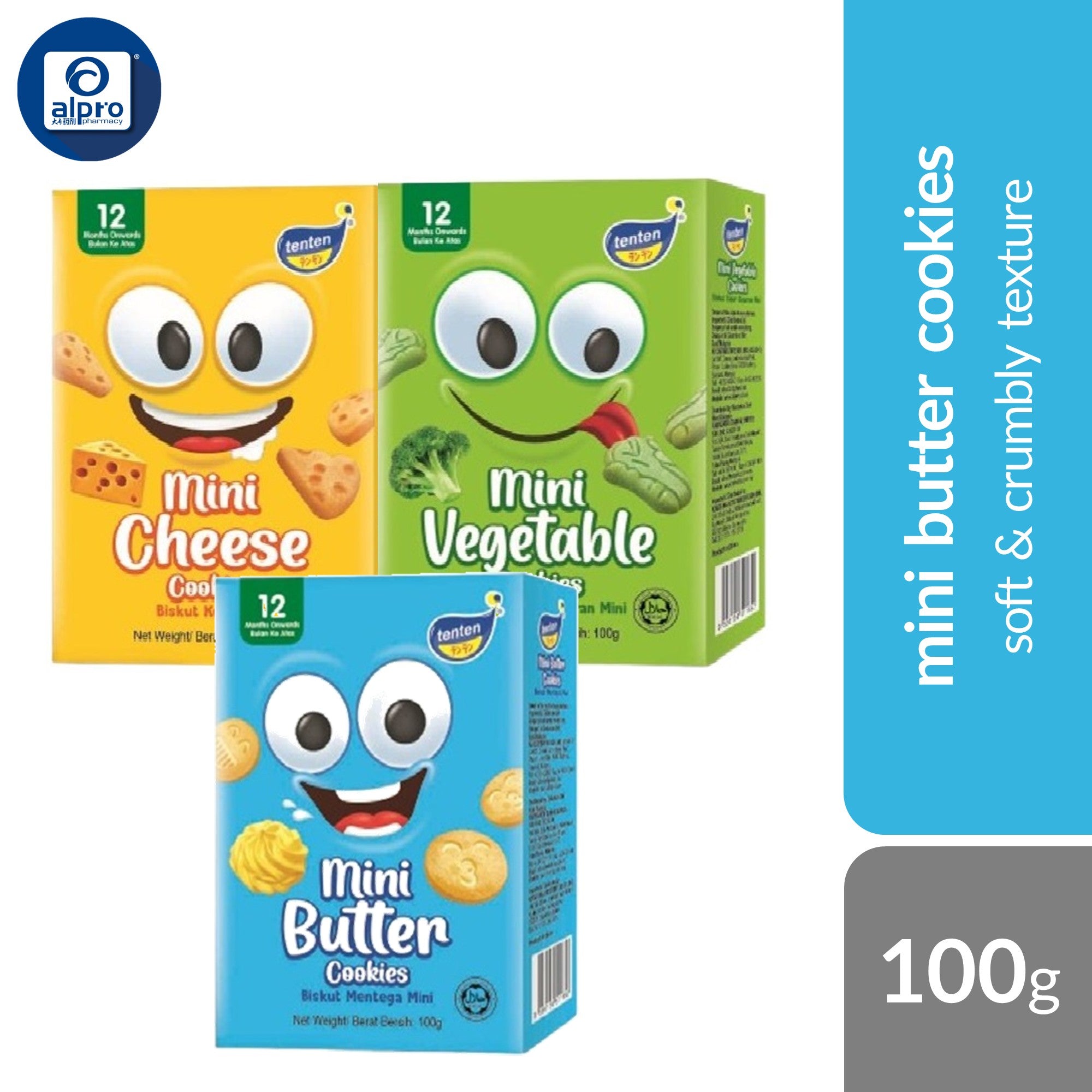 Tenten Mini (Butter/ Cheese/ Vegetable) Cookies 100g | Soft & Crumbly