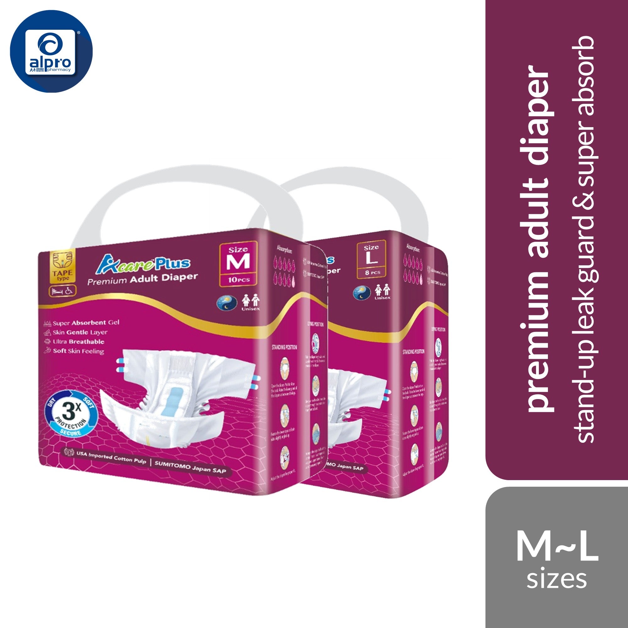 Acareplus Premium Adult Diaper (Size M 10s/ L 8s) | Stand-Up Leak Guar
