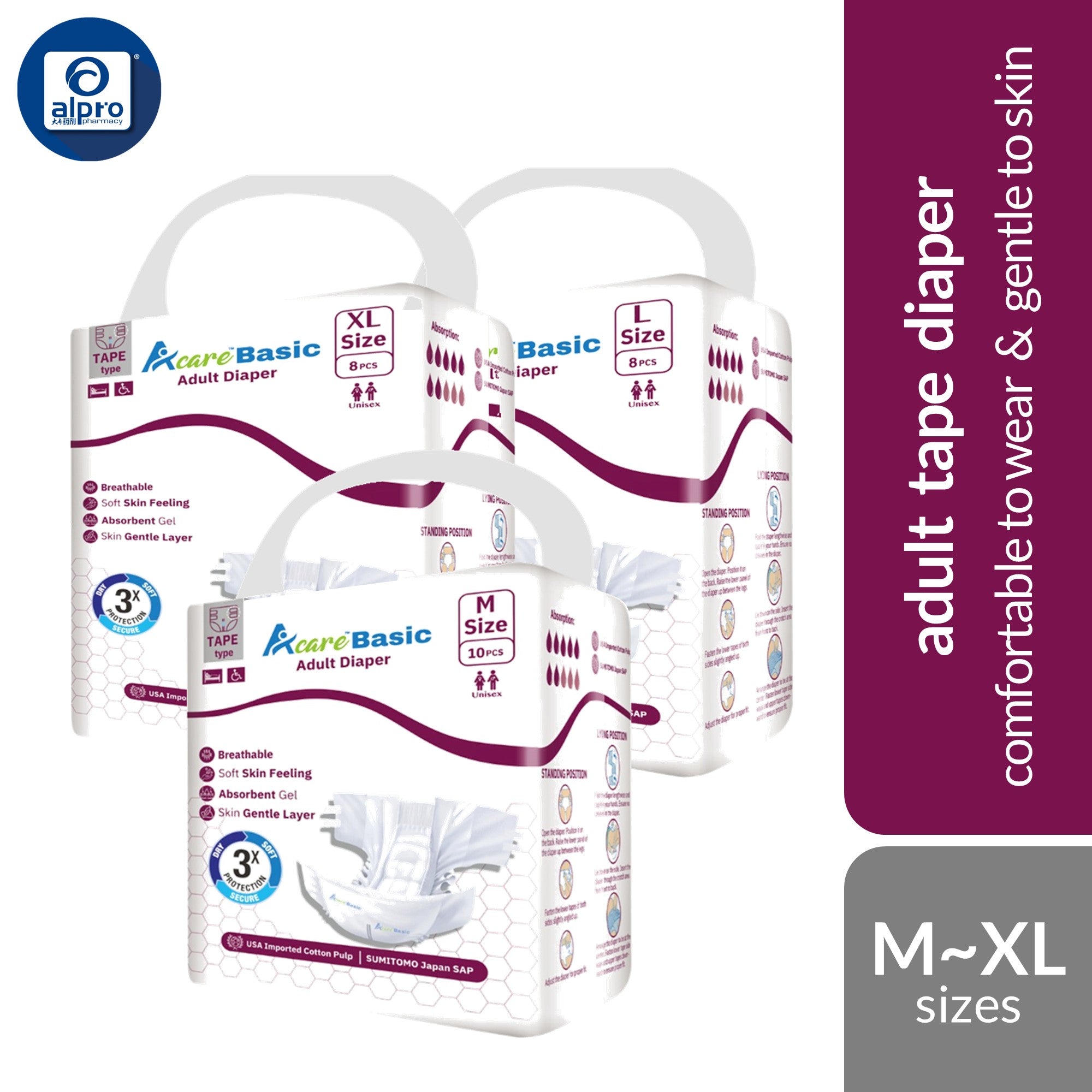 Acarebasic Adult Diaper (Size M 10s/ L 8s/ XL 8s) | Comfortable To