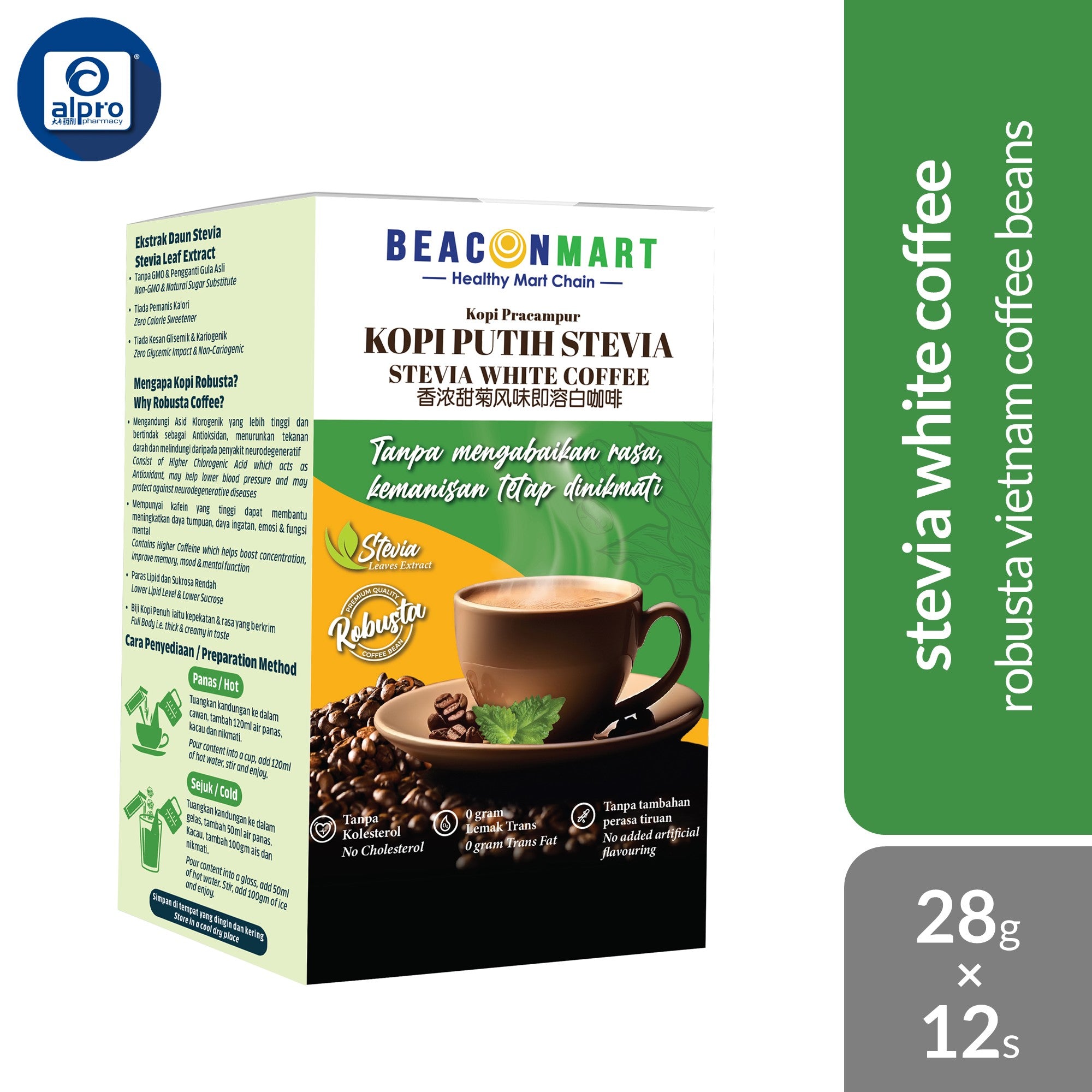 Beacon Stevia White Coffee 12s ×28g | Robusta Vietnam Coffee Beans