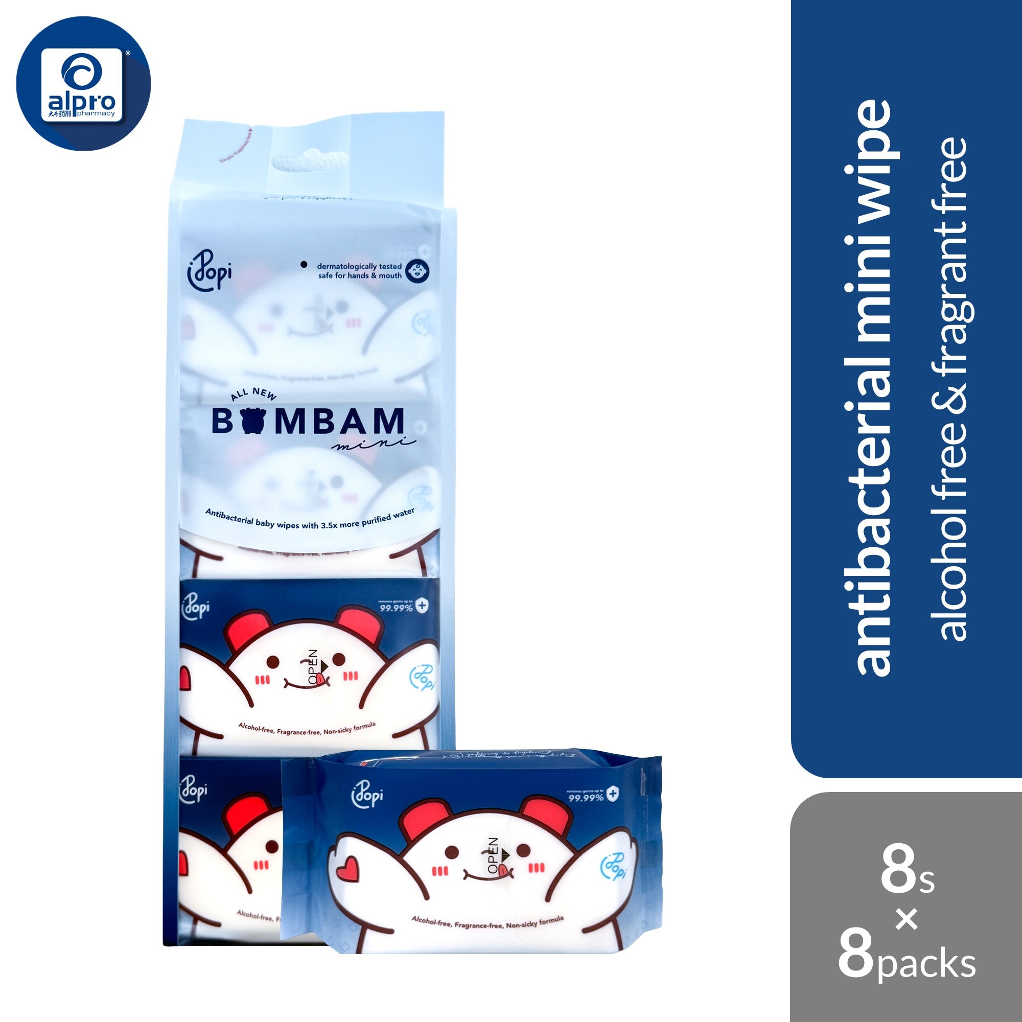 Popi Bambam Antibacterial Mini Wipes (Small) 8s ×8 Packs | Alcohol