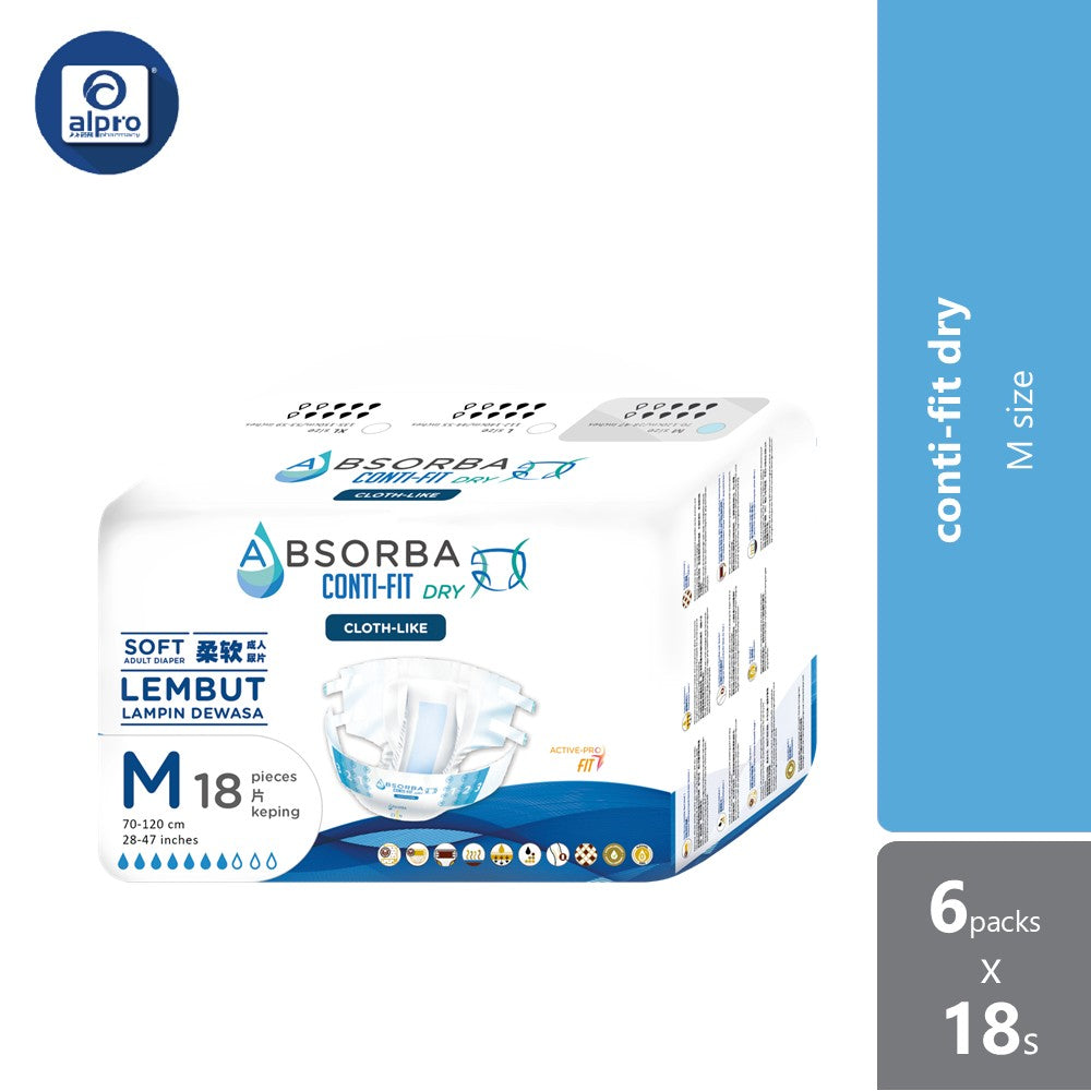 Absorba Conti-Fit Dry Adult Diapers (M) 6x18s | Soft Diaper - Alpro
