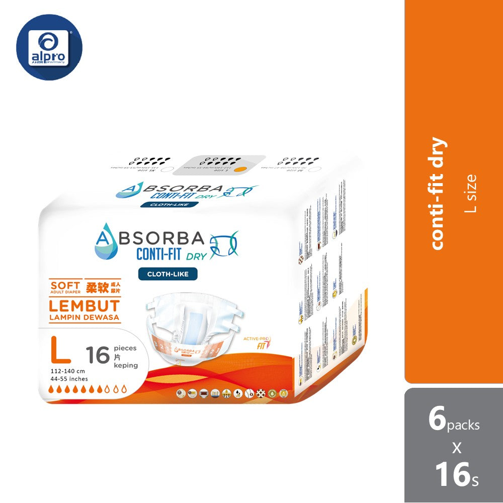 Absorba Conti-Fit Dry Adult Diapers (L) 6x16s | Soft Diaper - Alpro
