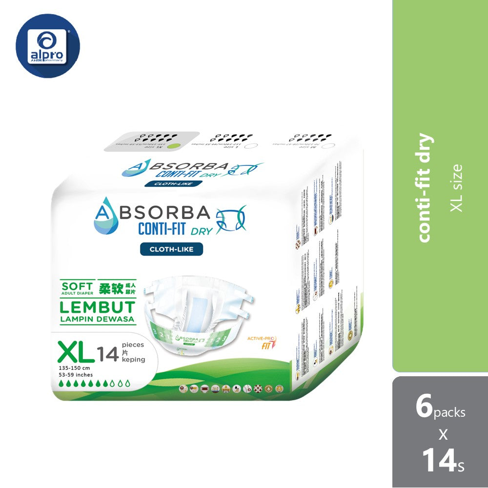 Absorba Conti-Fit Dry Adult Diapers (XL) 6x14s | Soft Diaper - Alpro