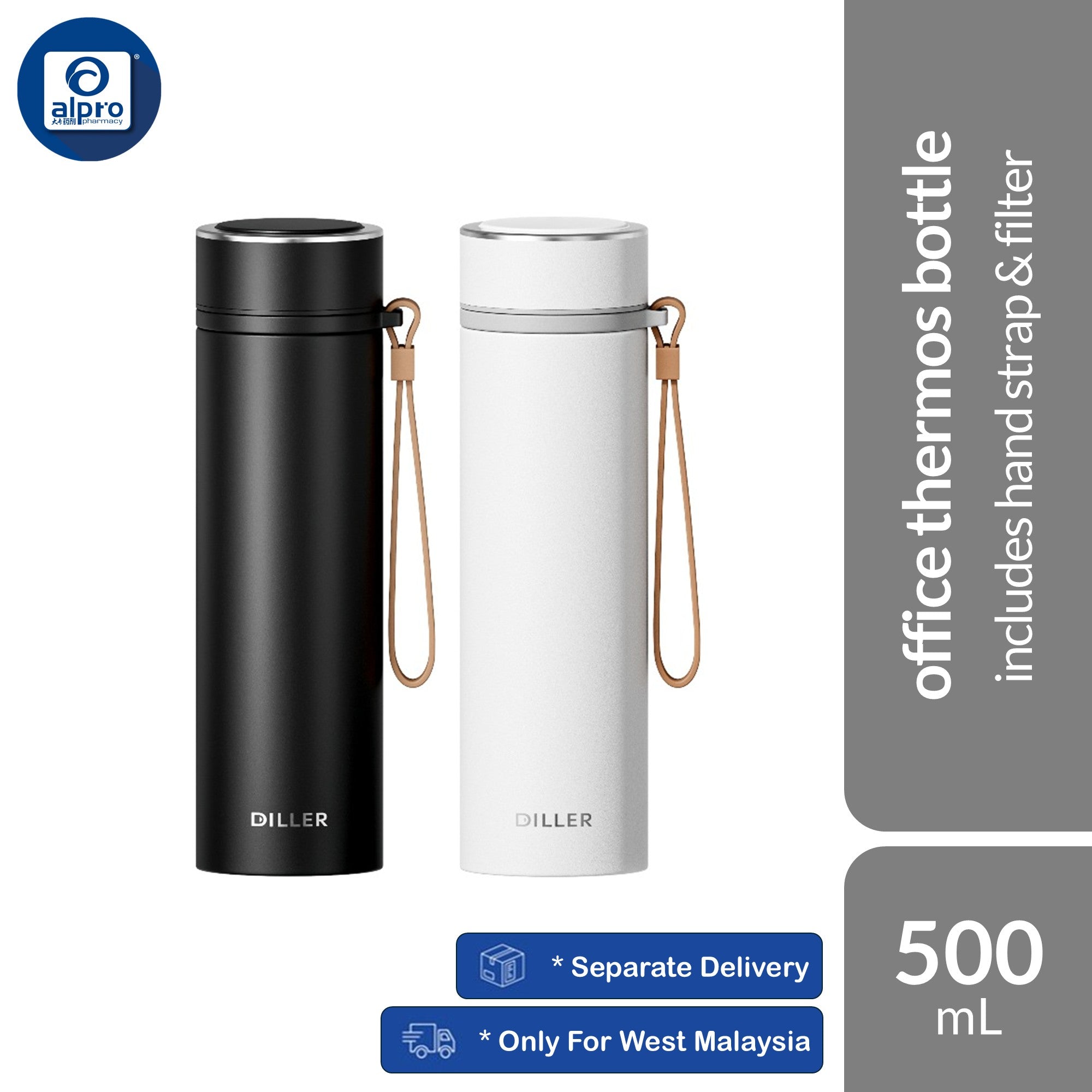 Diller D9349 Office Thermo Bottle with Filter & Strap (Black/ White)
