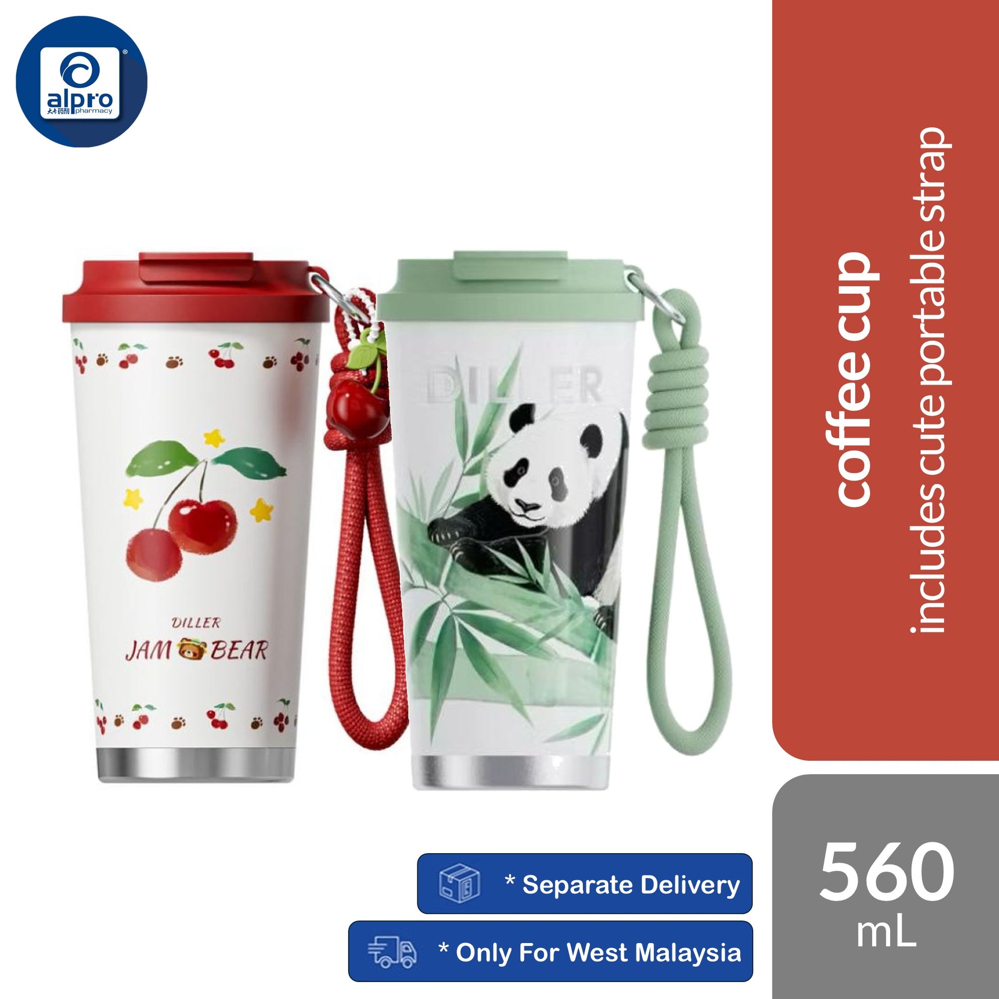 Diller D9381 Cherry Jam/ D9470 Panda Coffee Mug with Portable Strap