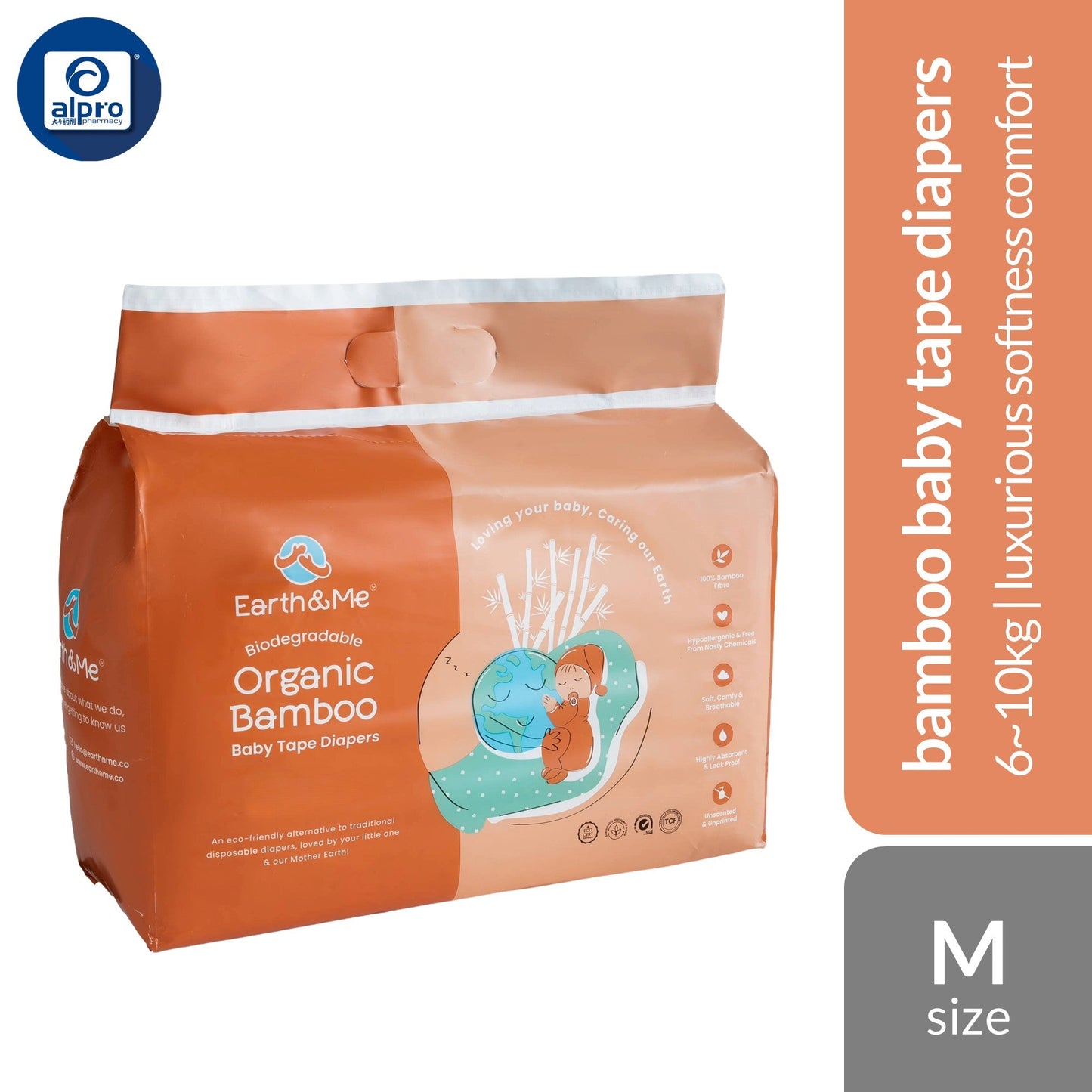 Earth & Me Biodegradable Organic Bamboo Baby Tape Diapers (Size S/ M/